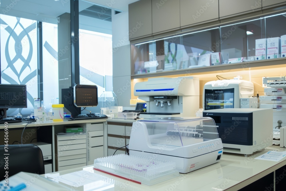 A genetics laboratory with gene sequencing machines, DNA extraction ...