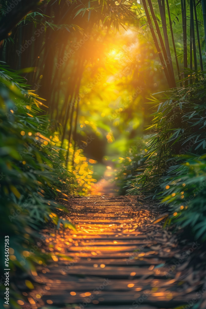 Wooden pathway meandering through a lush green bamboo forest, with ...