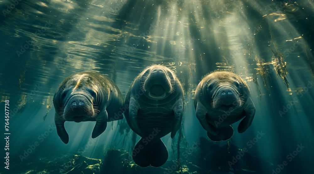 Underwater view of manatees in clear water. Three serene manatees ...