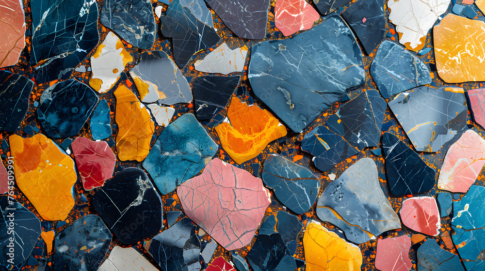 Colorful terrazzo flooring with vibrant flecks and cracks in a modern ...