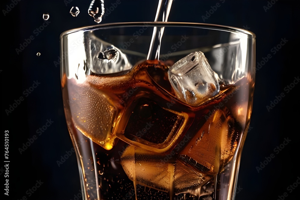 Pouring of Cola and Ice. Cola soda and ice splashing fizzing or ...