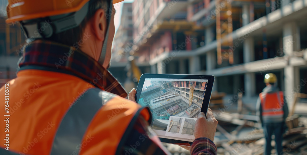 construction workers using an iPad to view architectural blueprints and ...