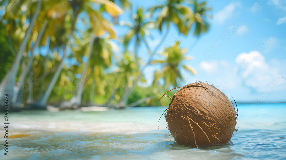 A coconut is floating in the ocean. The water is blue and the sky is ...