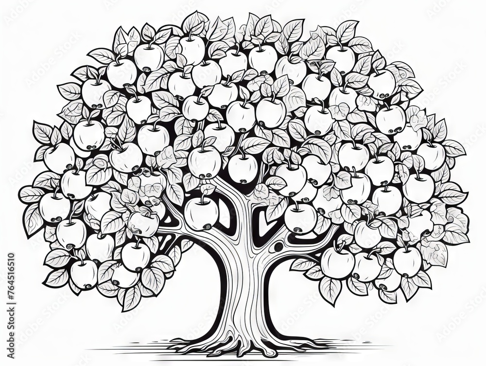 Child-friendly apple tree illustration - black and white outline for ...