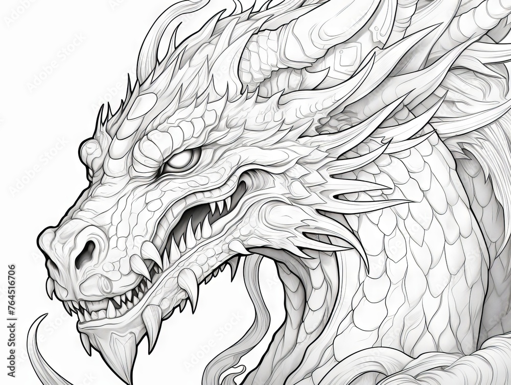 Monochrome dragon illustration for coloring - fantasy creature line art ...