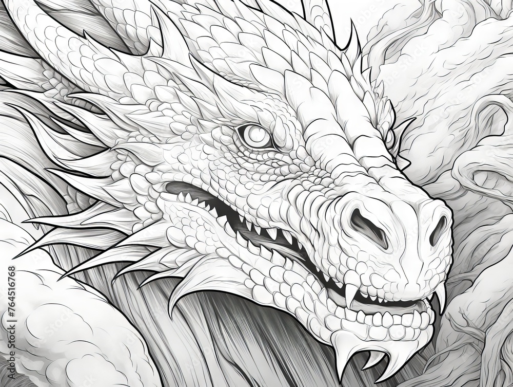 Monochrome dragon illustration for coloring - fantasy creature line art ...