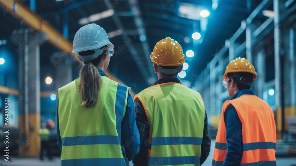 Industrial workers in safety vests and hard hats collaborating on a ...