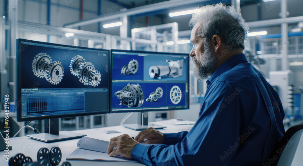 In the modern factory, an engineer is using three computer monitors to ...