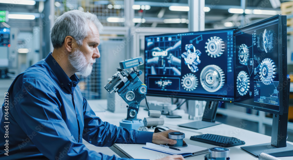 In the modern factory, an engineer is using three computer monitors to ...