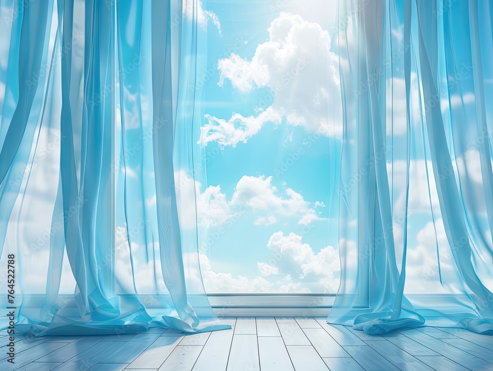 Serenity Breeze, Sheer blue curtains billow in the gentle wind from an ...