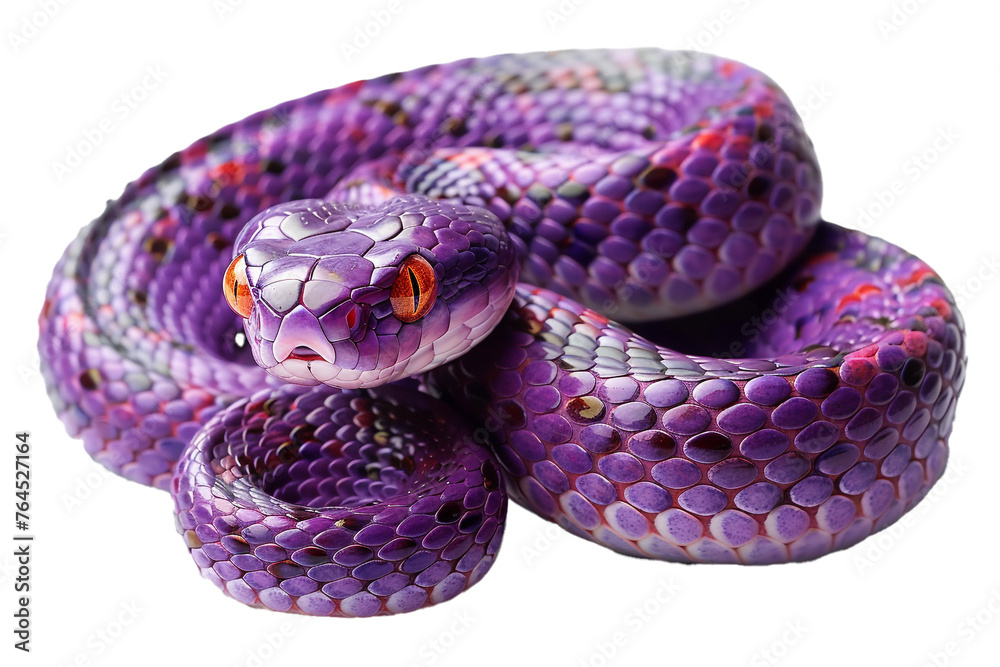 a purple snake with orange eyes and a rattle at the end of its tail ...