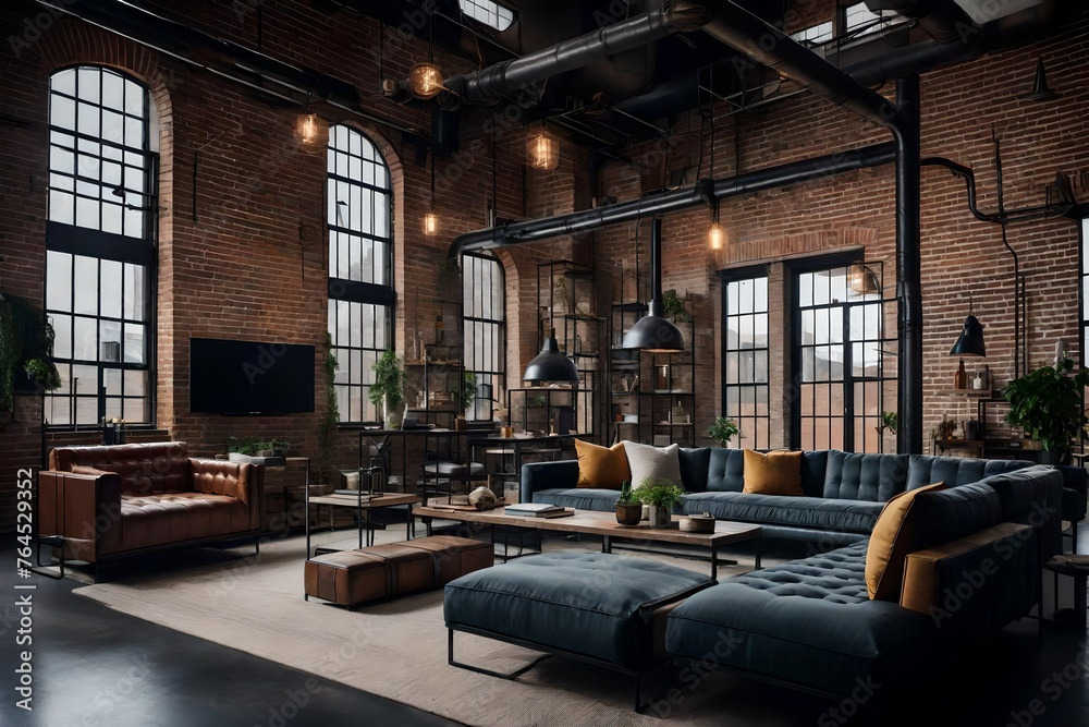 An industrial-chic living room with brick walls, metal furniture, and ...