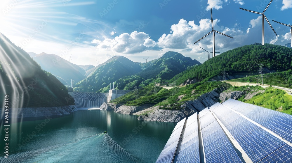 A collage of diverse renewable energy sources such as solar panels ...