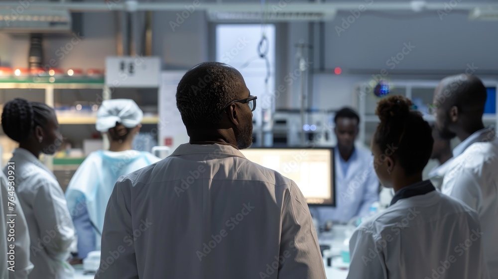 Scientists collaborating in a modern laboratory focused on developing sustainable energy ...