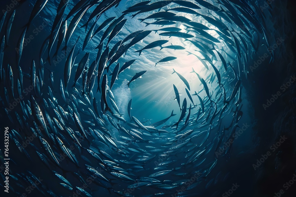 Underwater photo of a school of barracuda fish swimming in a dynamic ...