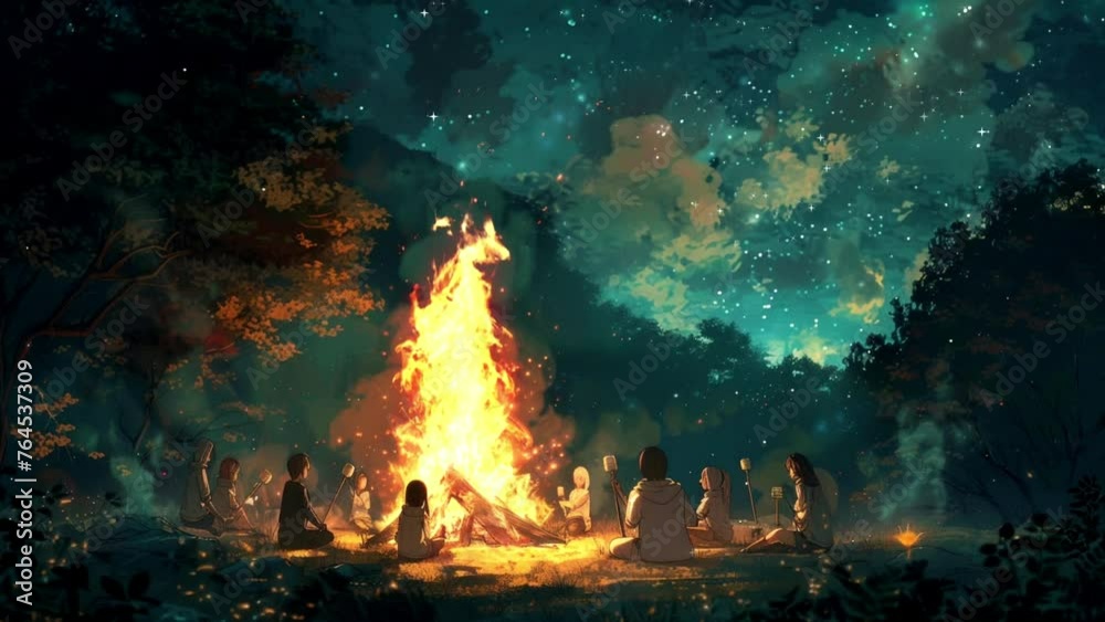 scene of a bonfire lit on Easter night, with people gathered around ...