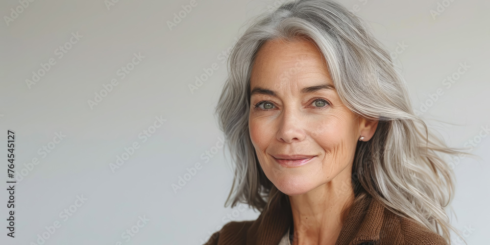 beautiful smiling elderly woman with gray hair on white background ...