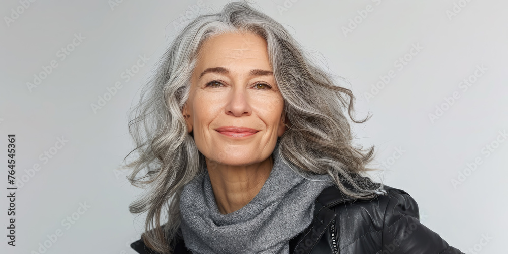 beautiful smiling elderly woman with gray hair on white background ...