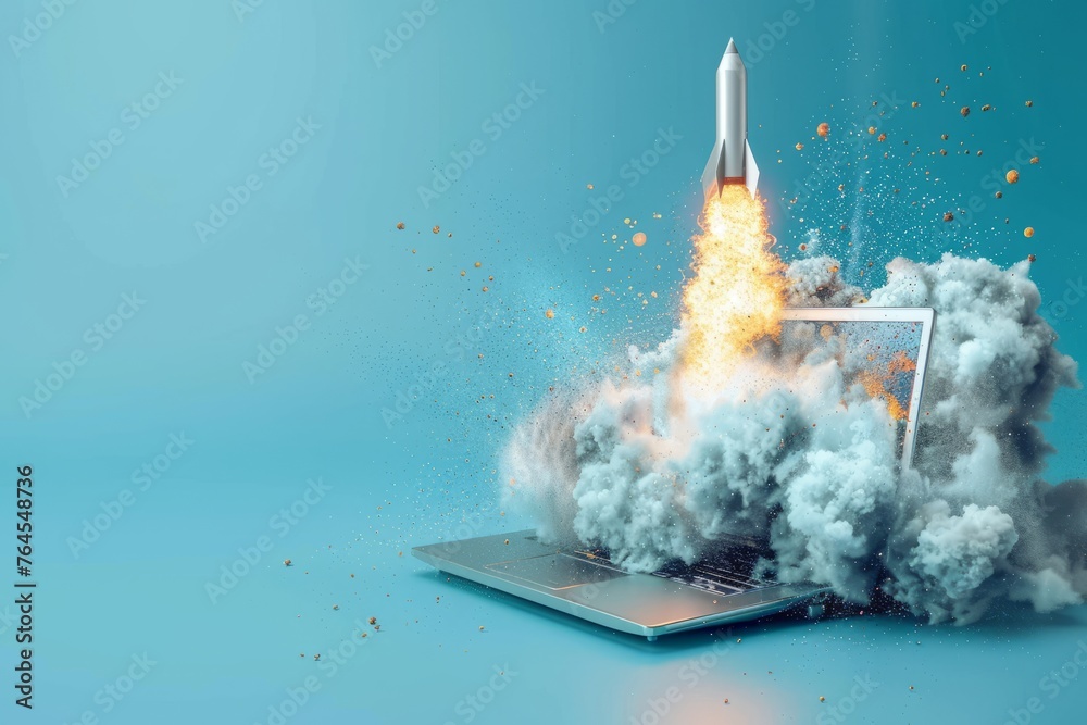 laptop with a rocket coming out of the screen, rocket smoke and fire, a ...