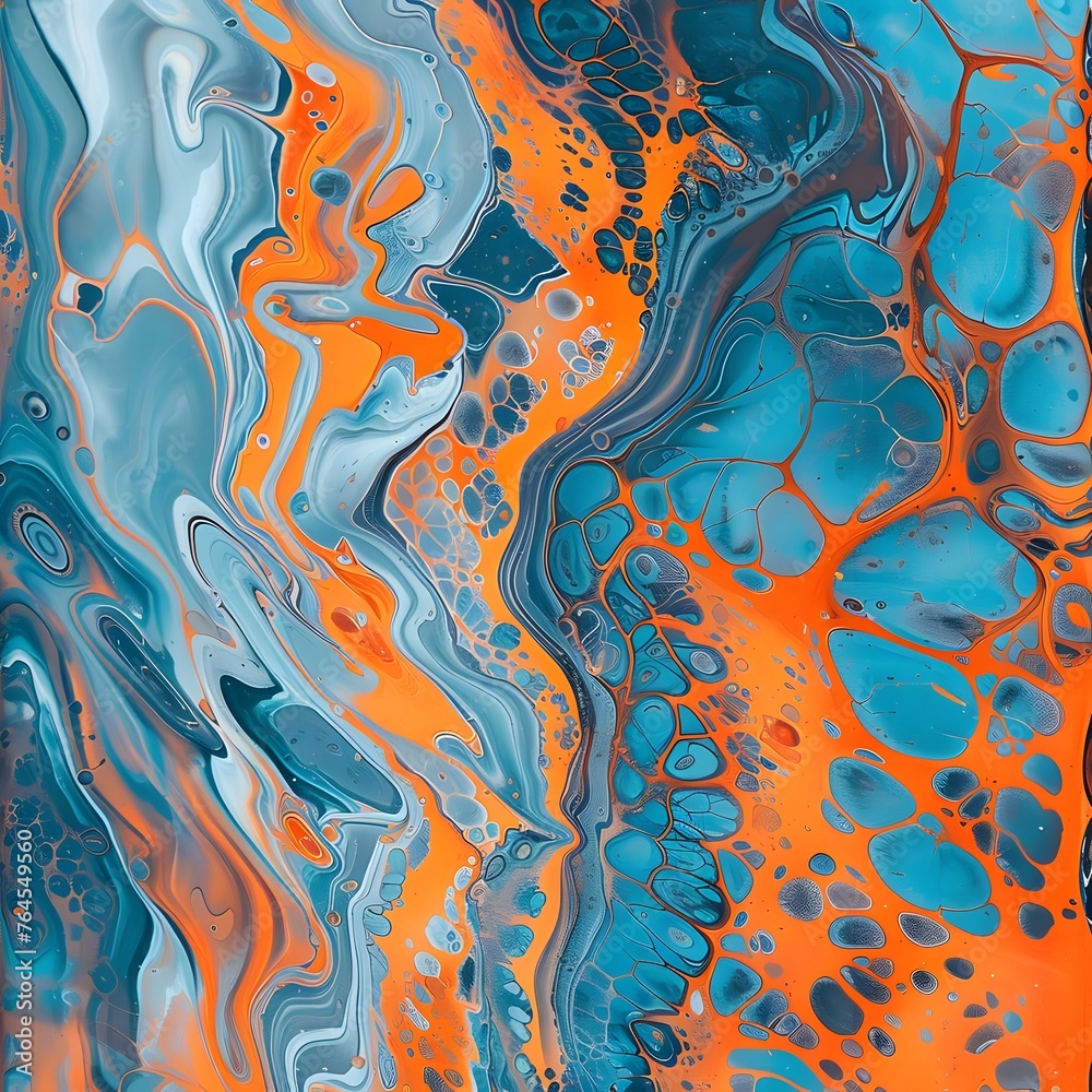 Abstract marbling artwork with orange and blue colors, displaying a ...