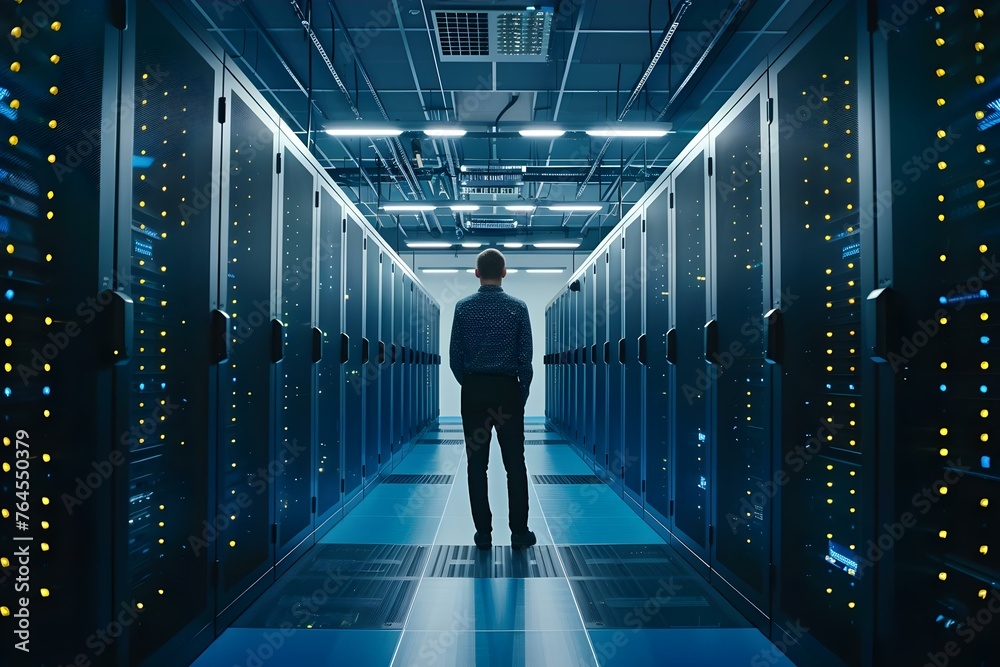 A security expert monitors computer screens near a server room in a ...