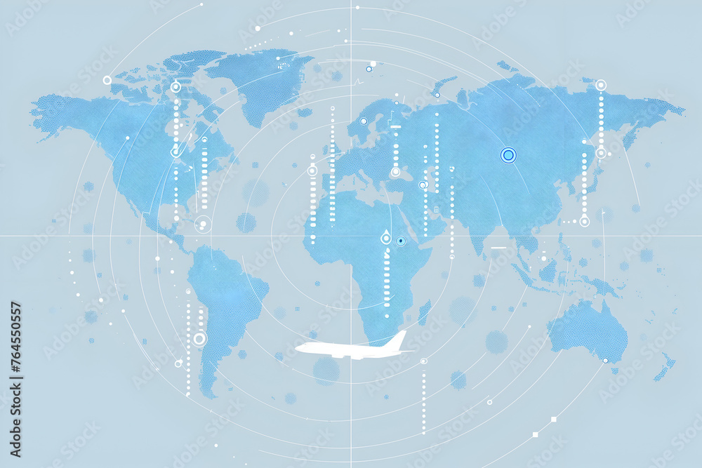 flat illustration of the world map showing airplane routes, locations ...