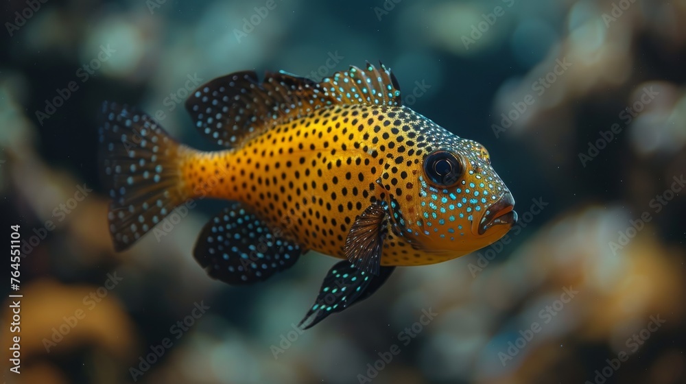 A detailed photo of a fish exhibiting vibrant yellow and black scales ...