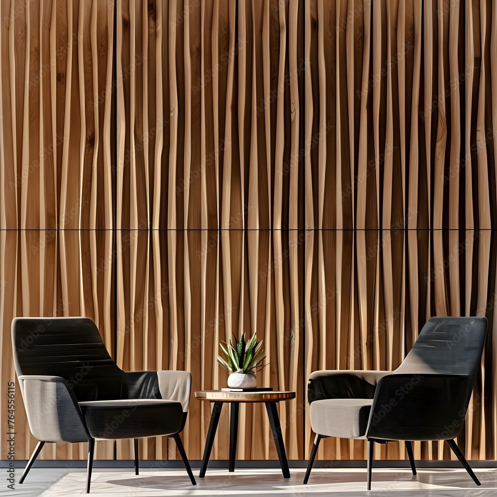 Panoramic banner of brown wooden acoustic panels wall texture, creating ...