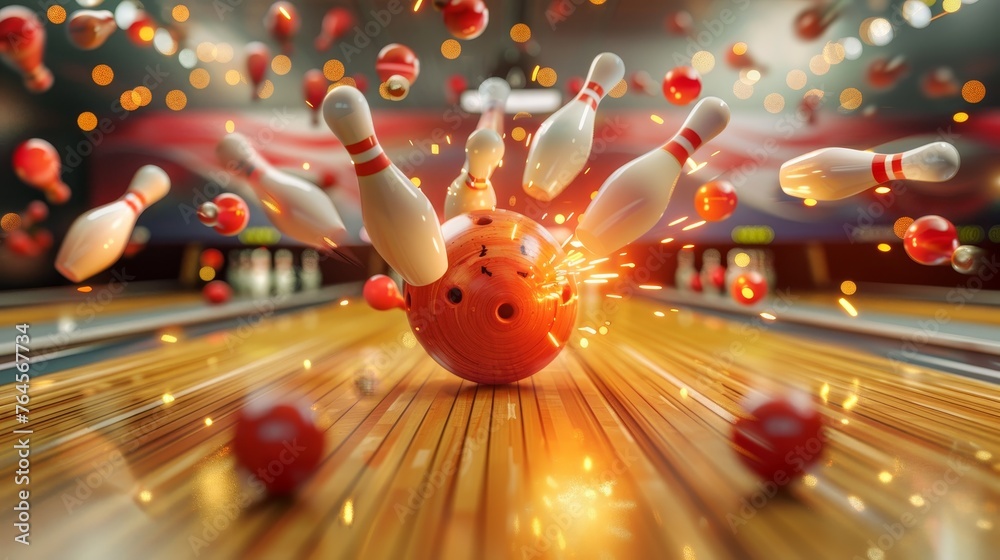 Bowling strikes. Bowling Ball crashing into the pins on bowling alley ...