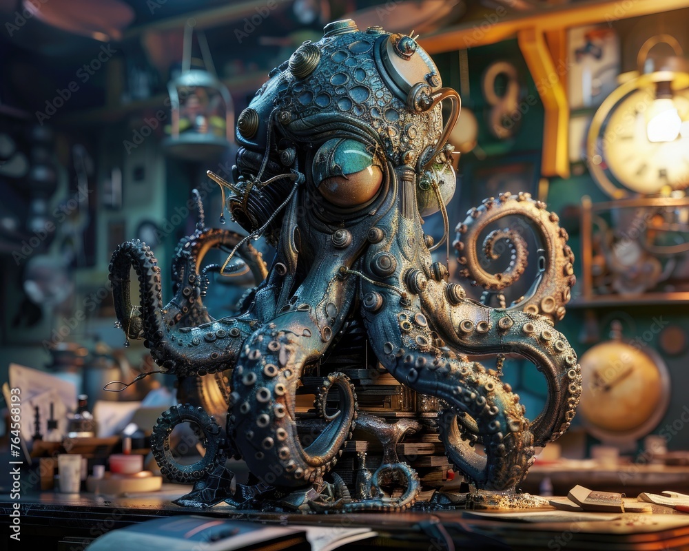 "Steampunk-inspired octopus sculpture with intricate details in a vintage workshop setting ...