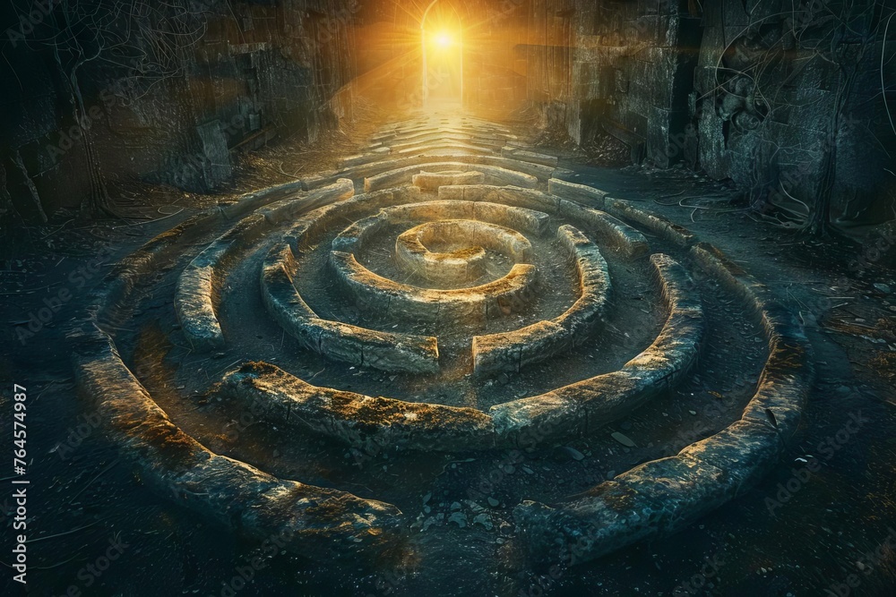 An enigmatic, surreal depiction of a divine labyrinth, with a radiant ...
