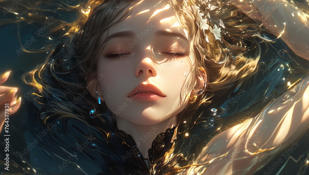 A beautiful woman's face with closed eyes, floating in the water ...