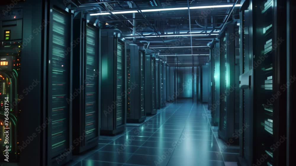 A photograph showcasing multiple rows of servers in a data center ...