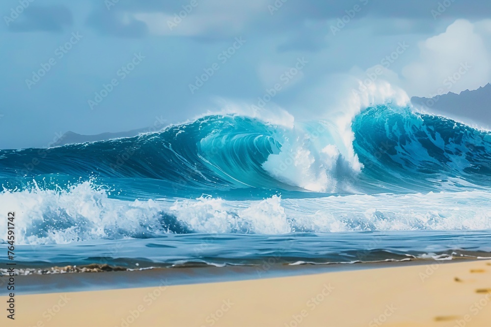 Big breaking Ocean wave on a sandy beach on the north shore of Oahu ...