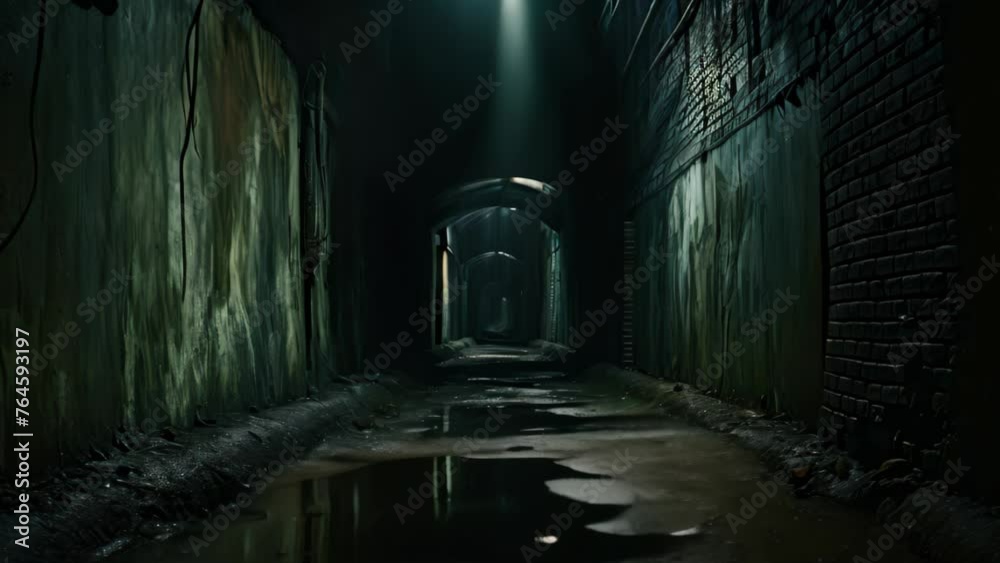 A dimly lit alley casts an eerie ambiance, showcasing water puddles ...