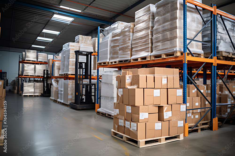 Logistics company, warehouse, cardboard boxes and shelves with parcels ...