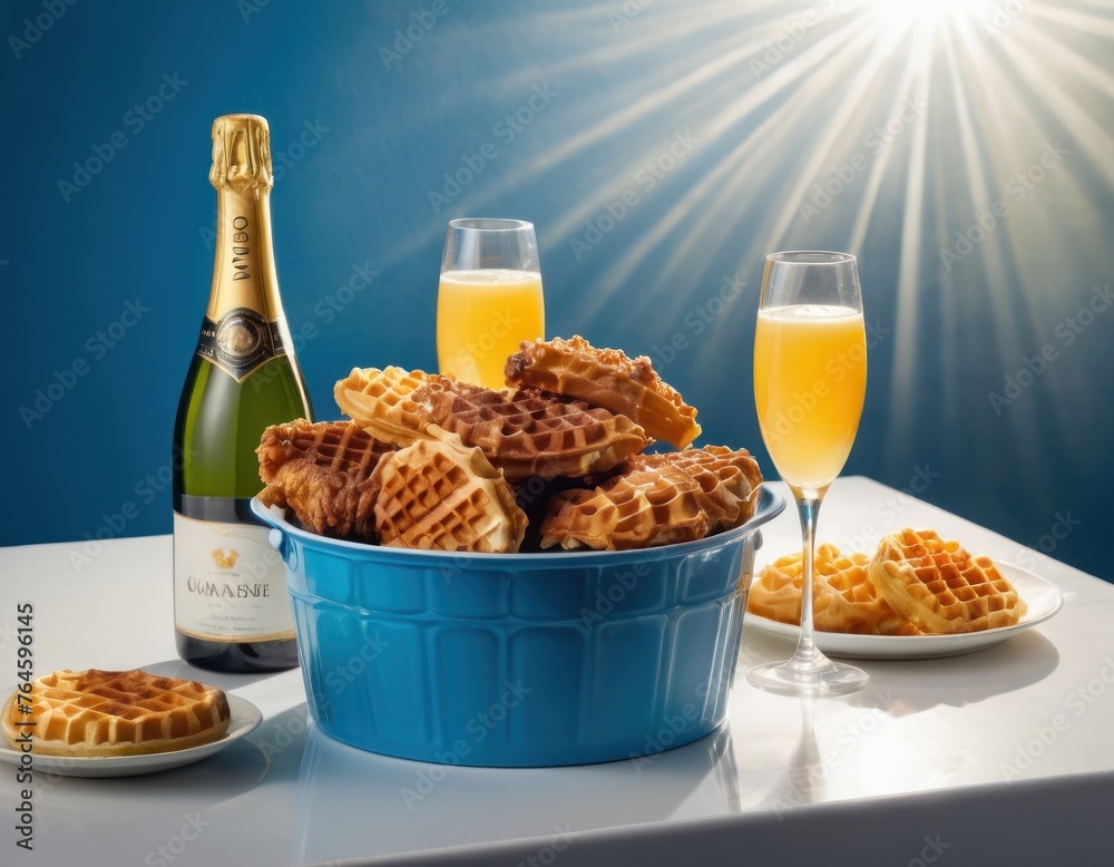 Gourmet brunch setup with fried chicken, waffles, lemon slices, and ...