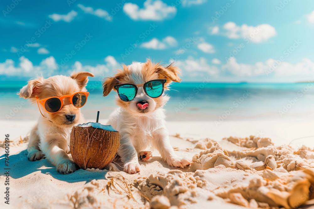 Two little dogs with sunglasses on the beach with their feet on a ...