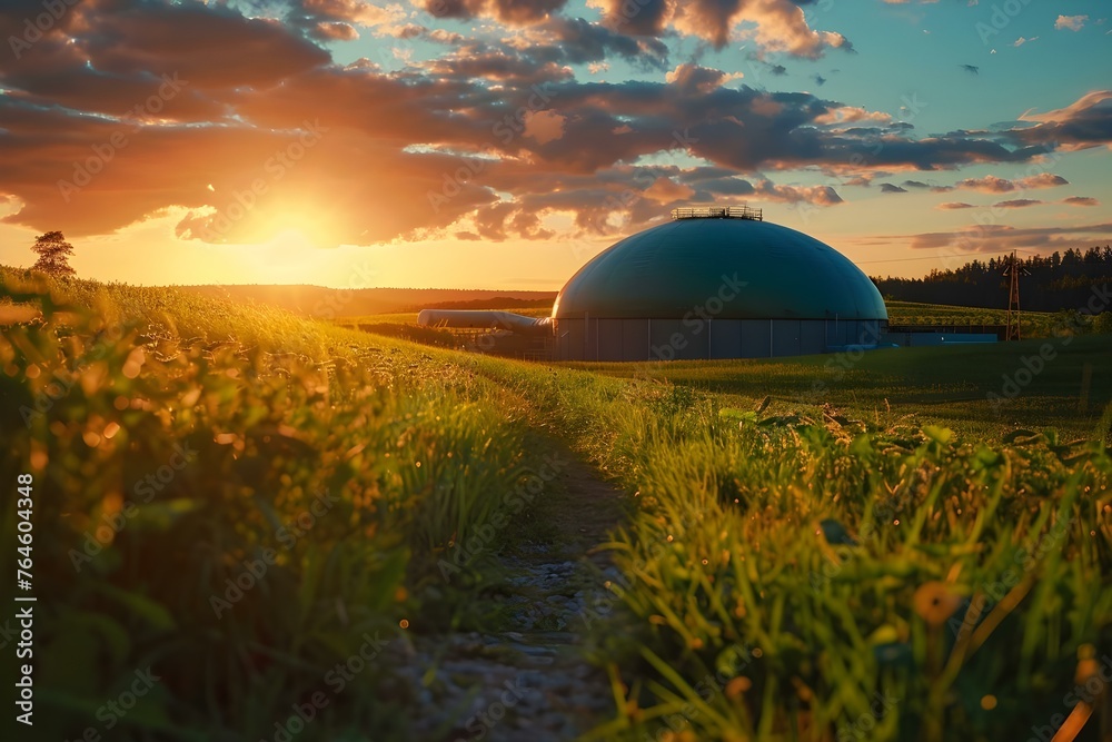 Biogas plant in rural setting at sunset converting organic waste into bioenergy. Concept ...