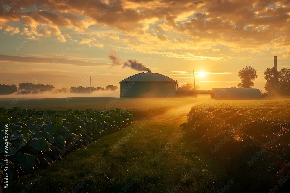 Biogas Plant in Rural Area at Sunset: Converting Organic Waste into Bioenergy. Concept Renewable ...