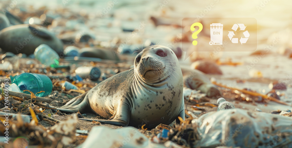 Curious common seal is lying on beach surrounded by plastic pollution ...