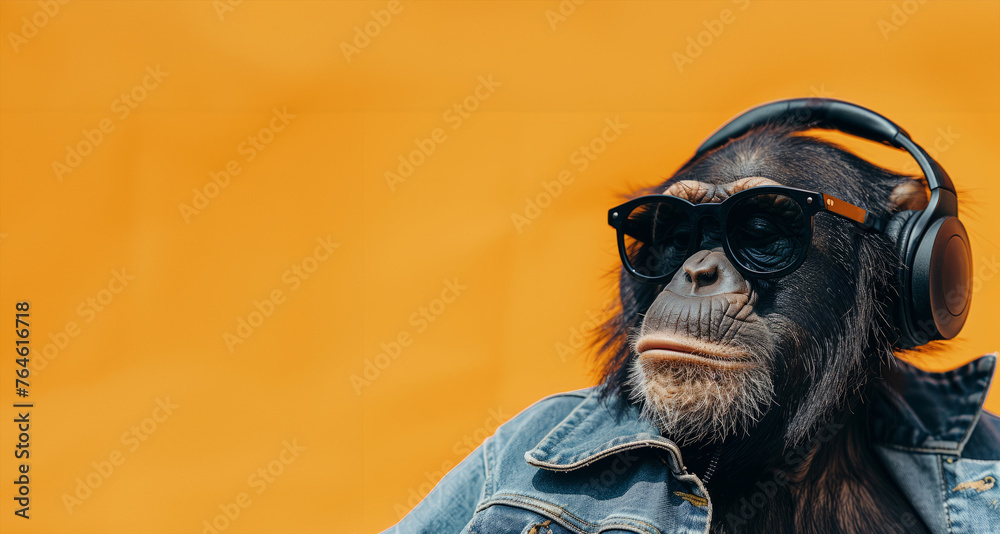 A monkey wearing headphones is staring at the camera. The image has a ...