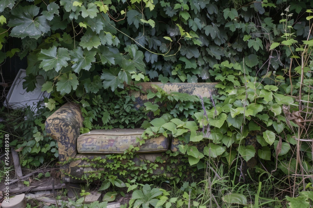sofa overgrown with vines in a neglected garden Stock Photo | Adobe Stock