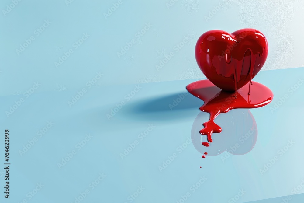 Melting red heart with dripping paint on a light blue background, a ...