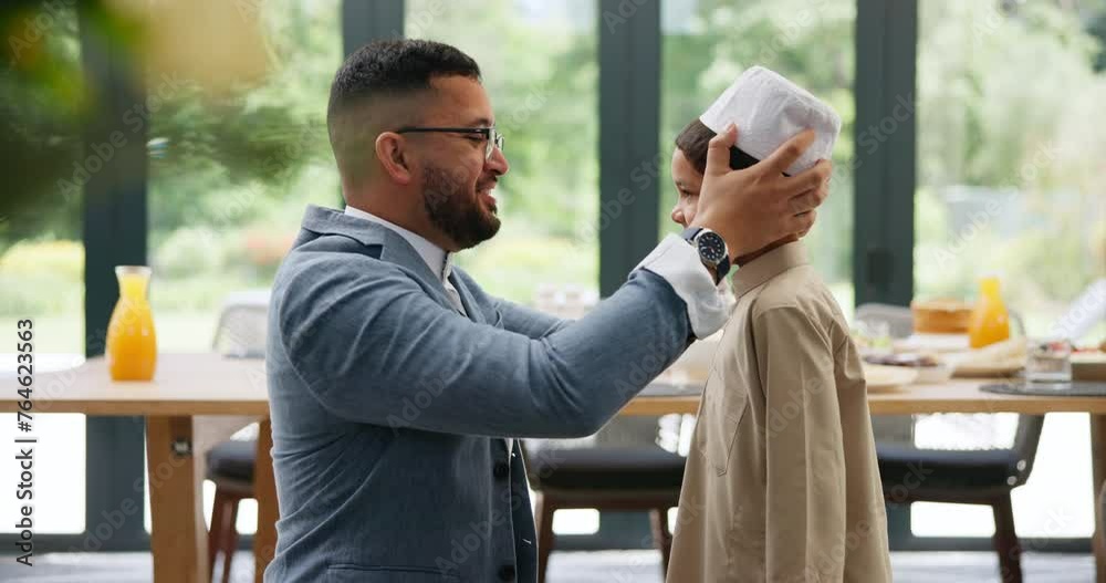 Father, hug and muslim kid in home, dressing and happy family bonding ...