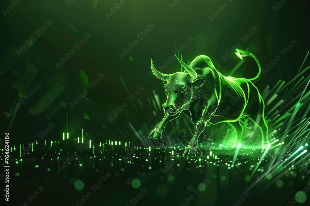 Digital bull in a glowing matrix with upward stock market arrows ...
