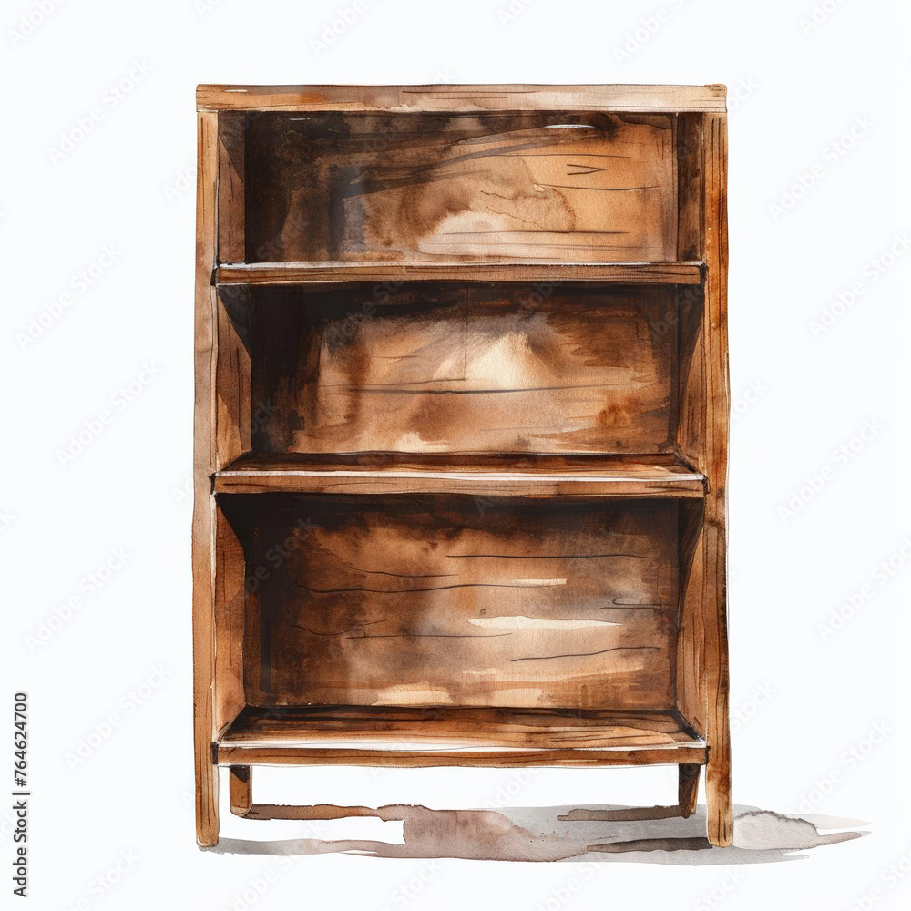 Vintage wooden bookshelf illustration with empty shelves, watercolor ...