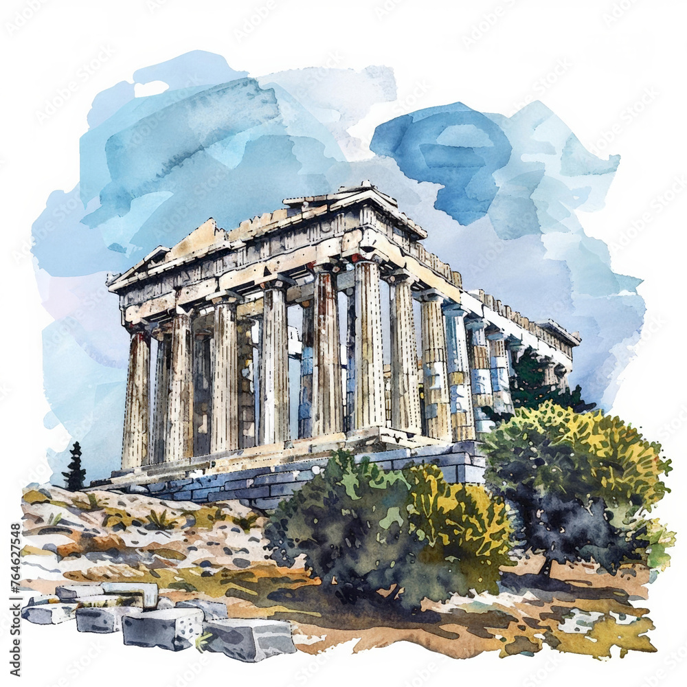 Watercolor illustration of the iconic Parthenon temple on the Acropolis ...