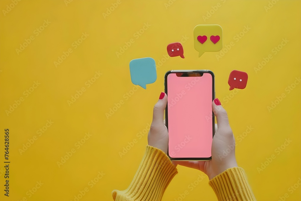 Hand using smartphone for live chat social media marketing concept ...