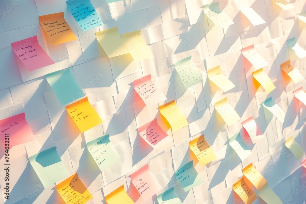 A white wall with colorful sticky notes, each note is yellow, pink or ...